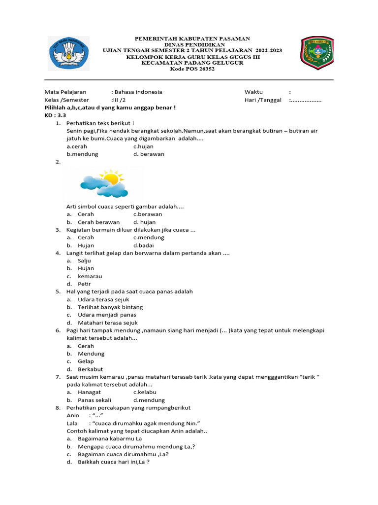 Kelas 3 - Soal Mid SMT 2 Tahun 2023 | PDF