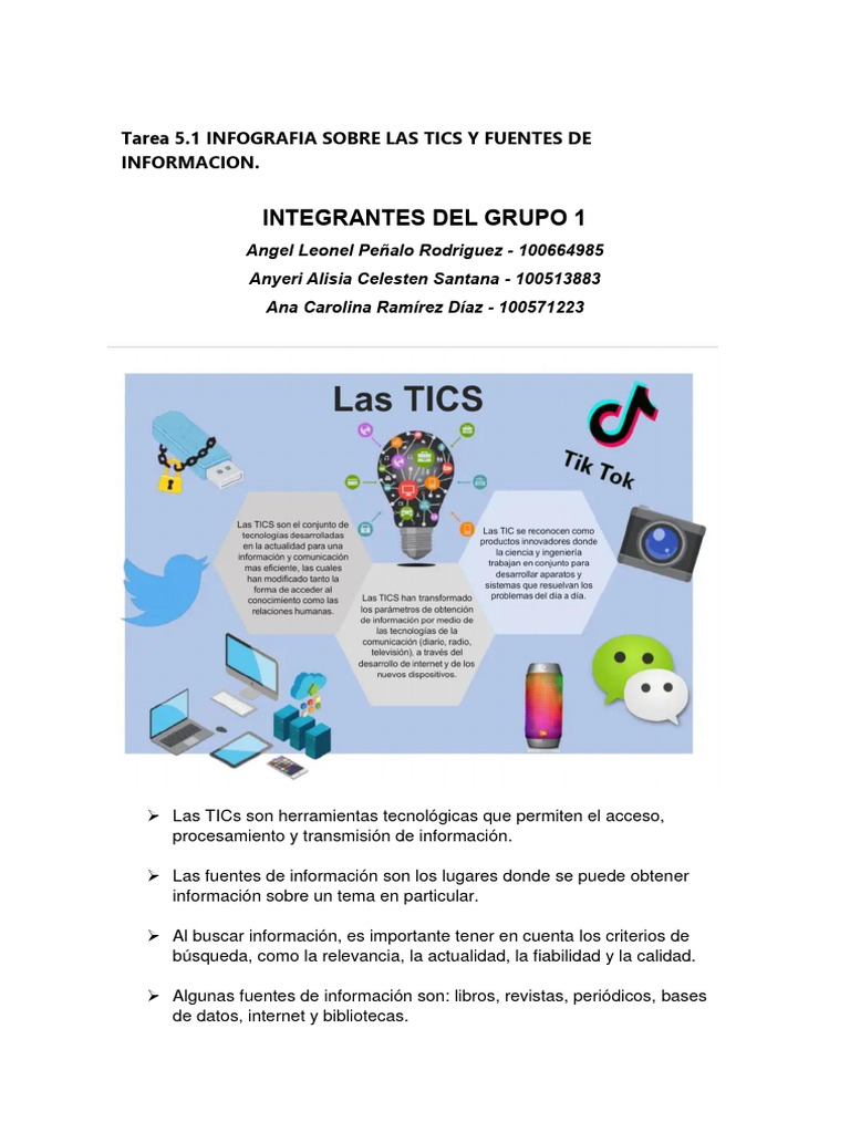 Tarea 5.1 Infografia Sobre Las Tics y Fuentes de Informacion. Grupo 1 | PDF