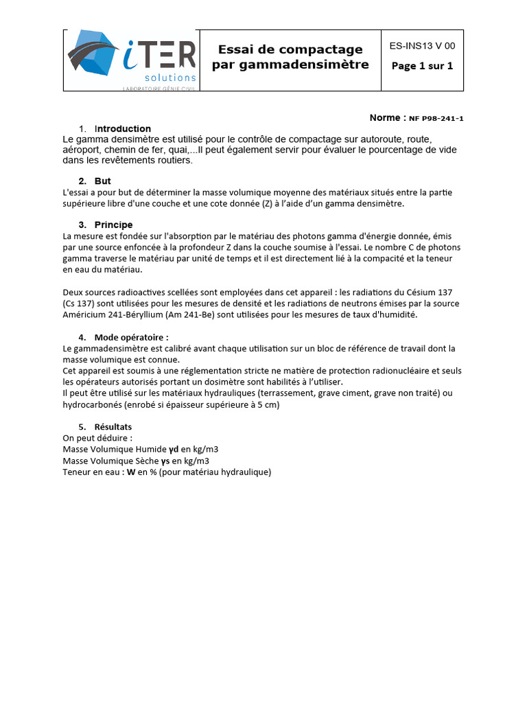 ES-INS13 V00 Essai de Compactage Par Gammadensimètre | PDF