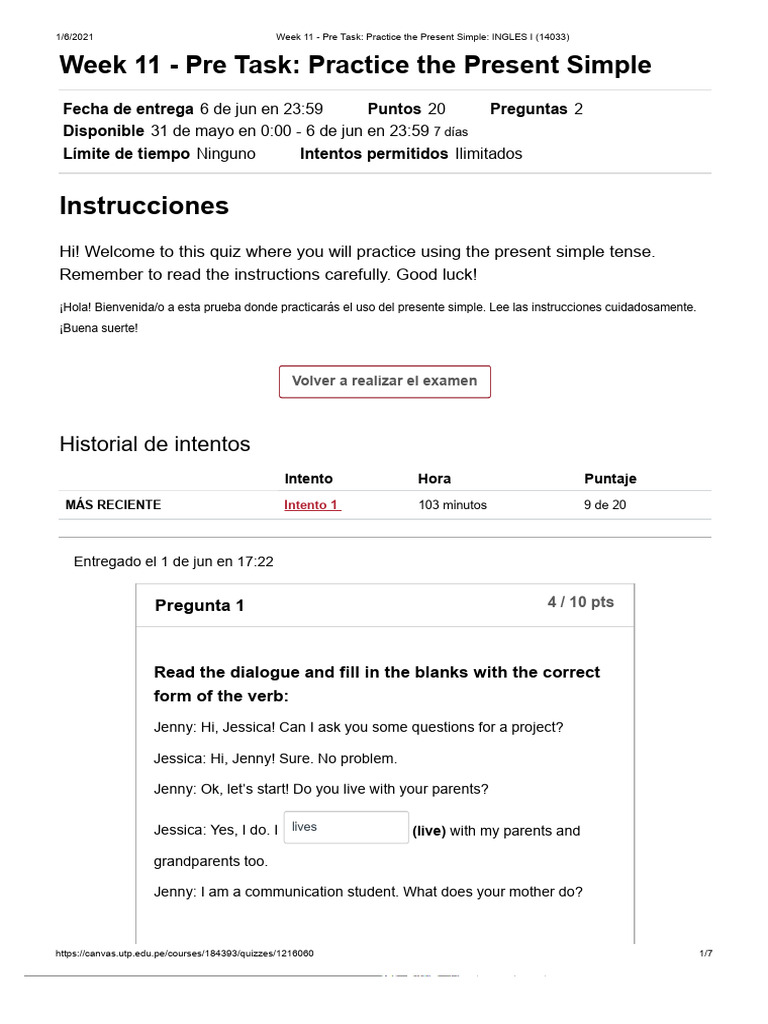 Week 11 Pre Task Practice The Present Simple Ingles I 14033 Compress | PDF