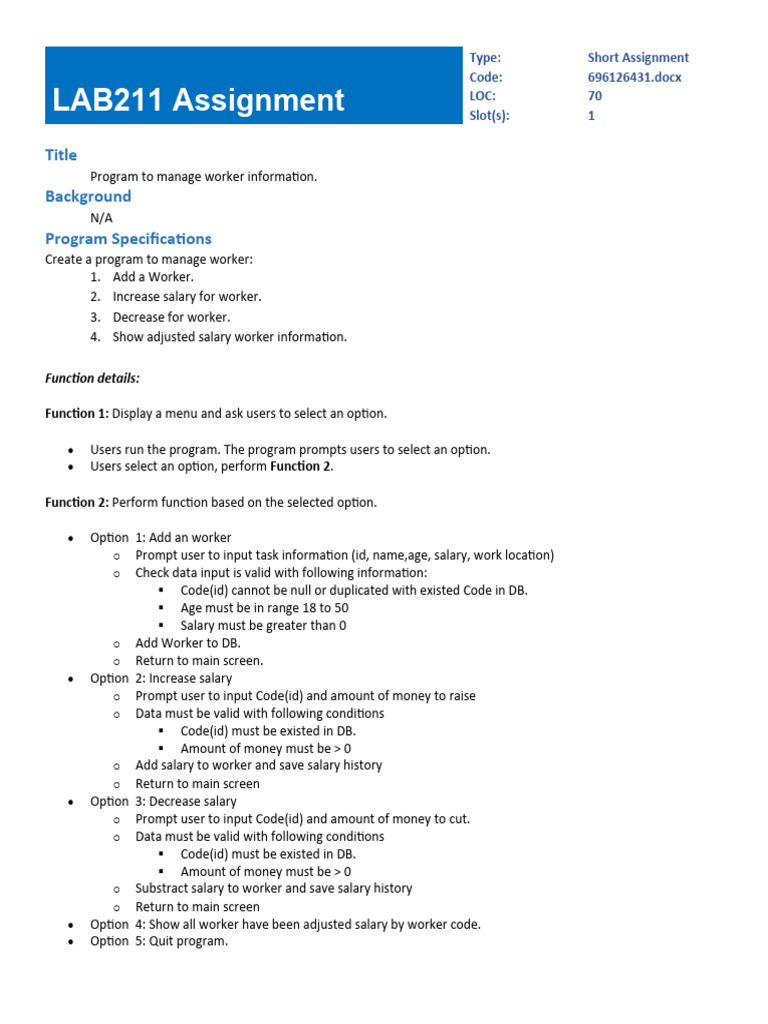 LAB211 Assignment: Title Background Program Specifications | PDF
