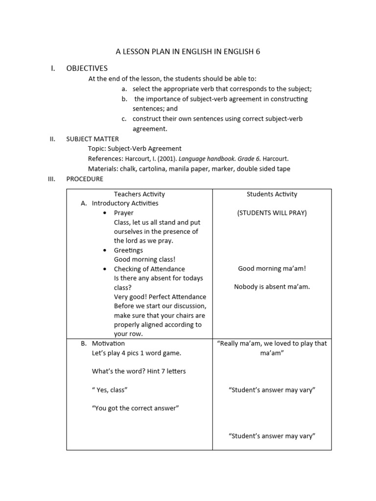 Subject-Verb Agreement Lesson Plan | PDF | Language Arts & Discipline