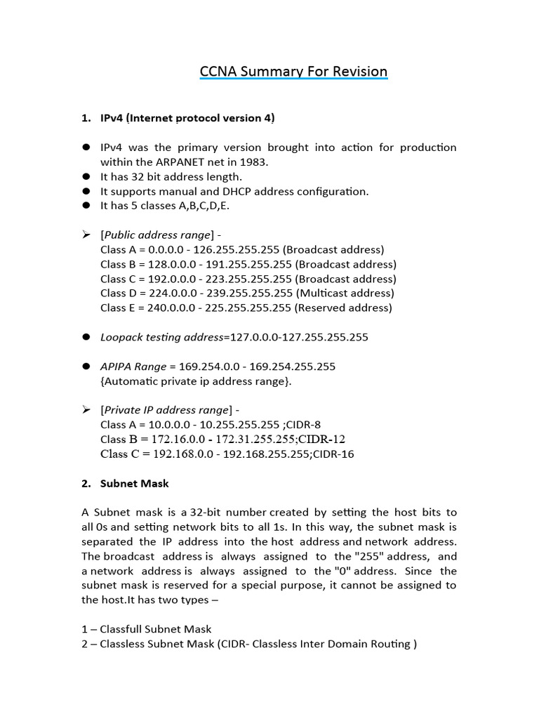 CCNA Summary For Revision New | PDF