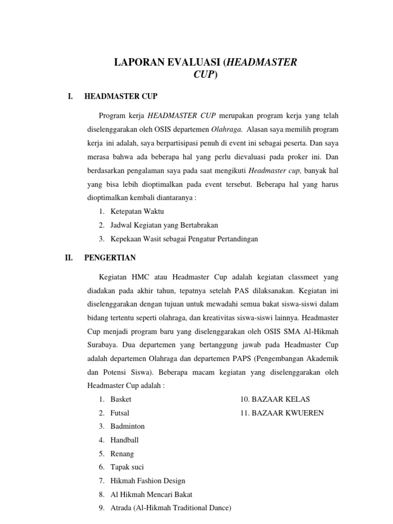 Laporan Evaluasi Headmaster Cup | PDF | Bisnis