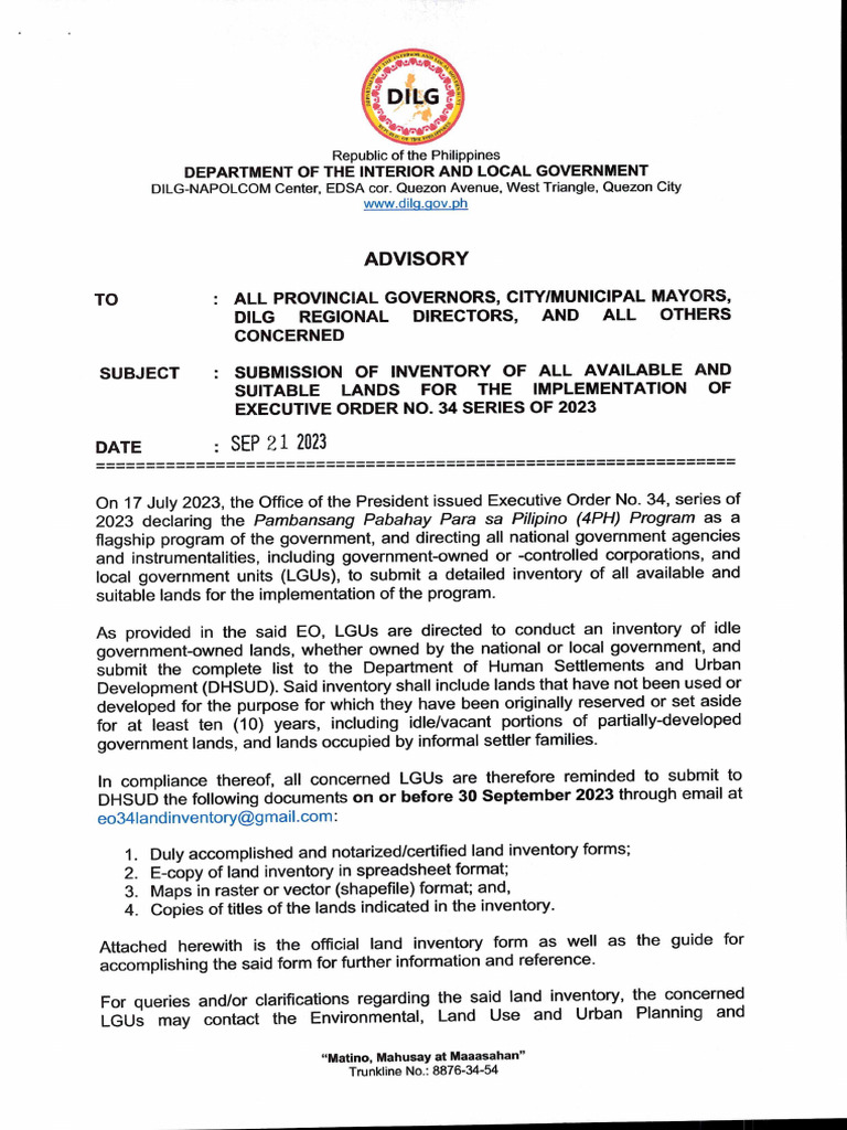 DILG Advisory Submission of Inventory of Lands by LGUs 1 | PDF