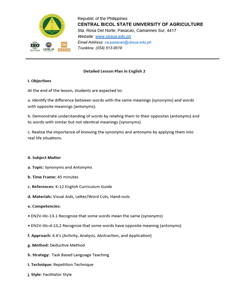 Synonym and Antonym DLP (REVISED) | PDF