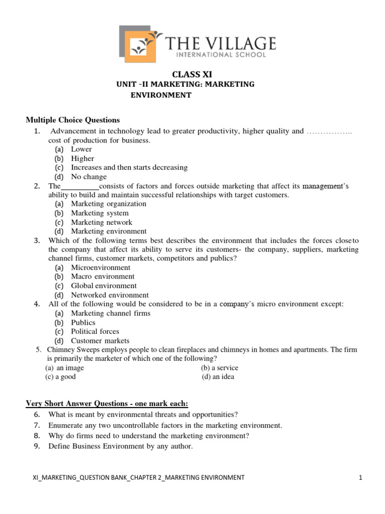 Class - Xi - Markketing - Marketing Environment - Question Bank | PDF