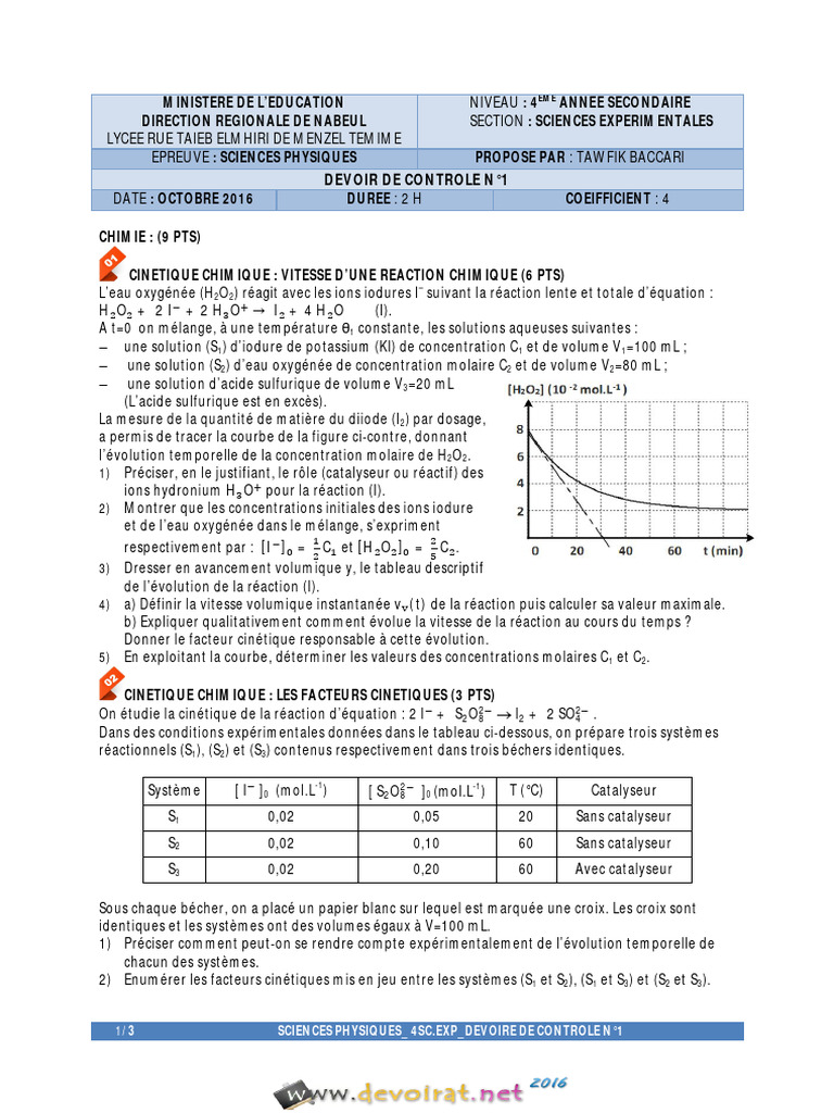 Devoir de Contrôle N°1 - Sciences Physiques - Bac Sciences Exp (2016-2017) MR Tawfik BACCARI | PDF