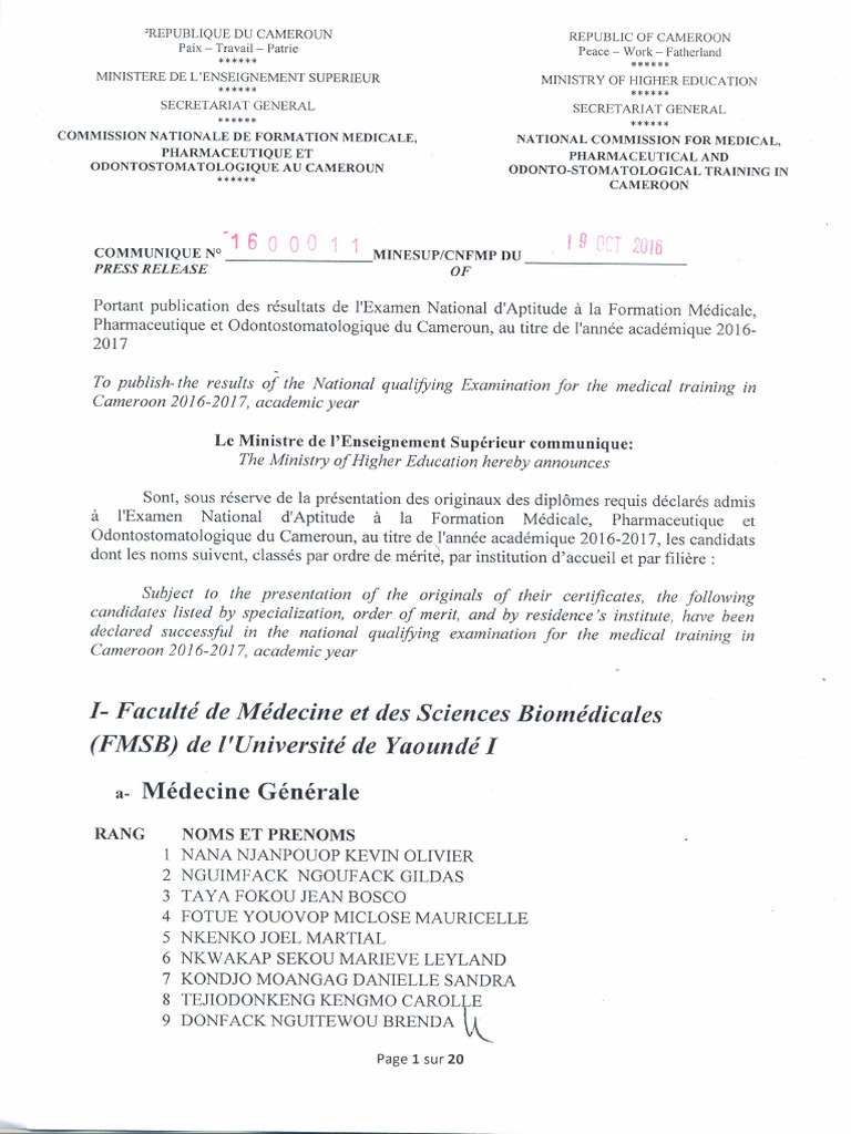 Examen National Formation Medicale Resultats UY1 2016 | PDF