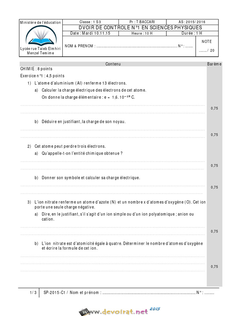 Devoir de Contrôle N°1 - Sciences Physiques - 1ère AS (2015-2016) MR Taoufik BACCARI | PDF