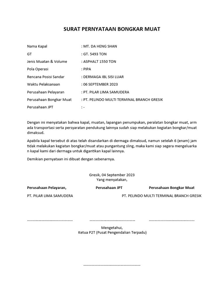 Surat Pernyataan Bongkar Muat | PDF