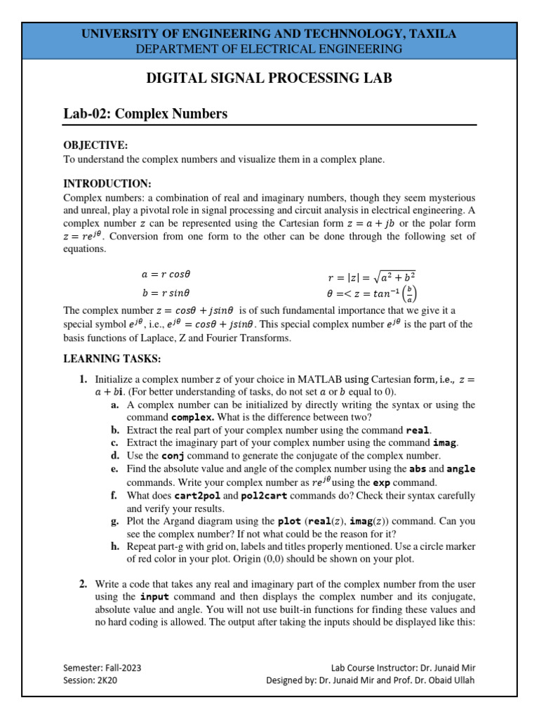 Lab-02 Complex Numbers (DSP) | PDF