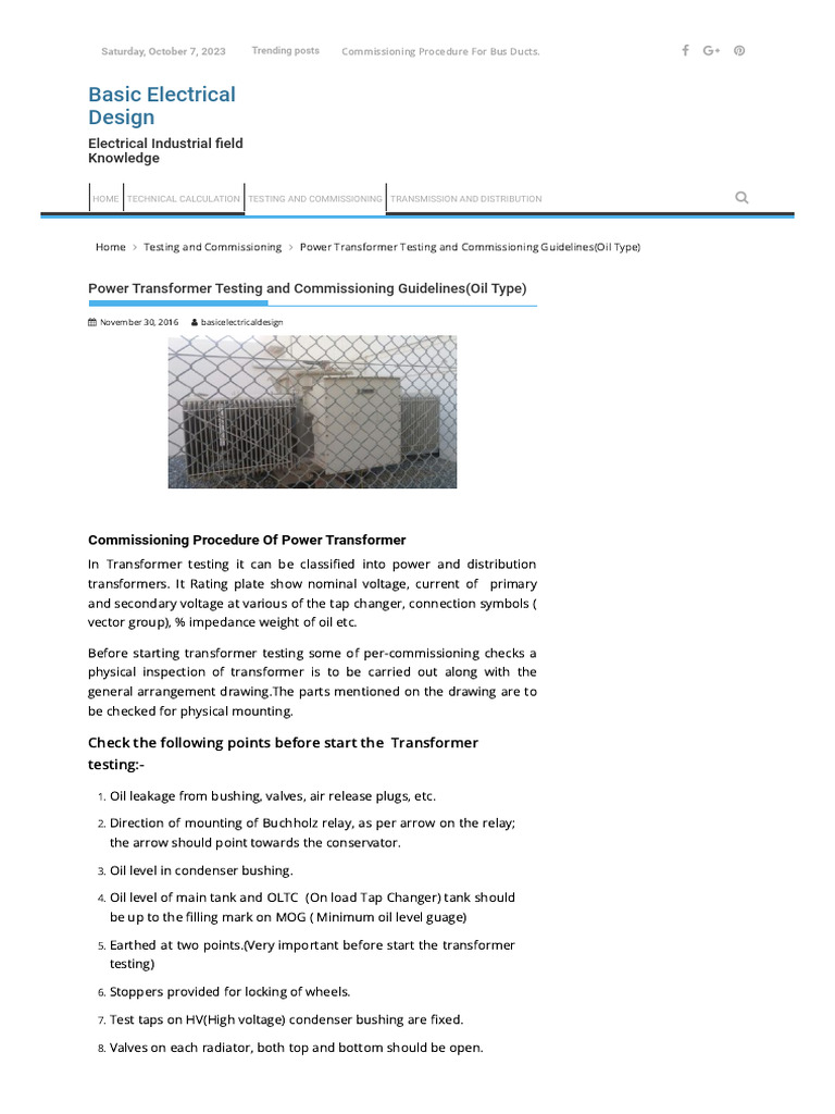 Power Transformer Testing And Commissioning Guidelines Pdf