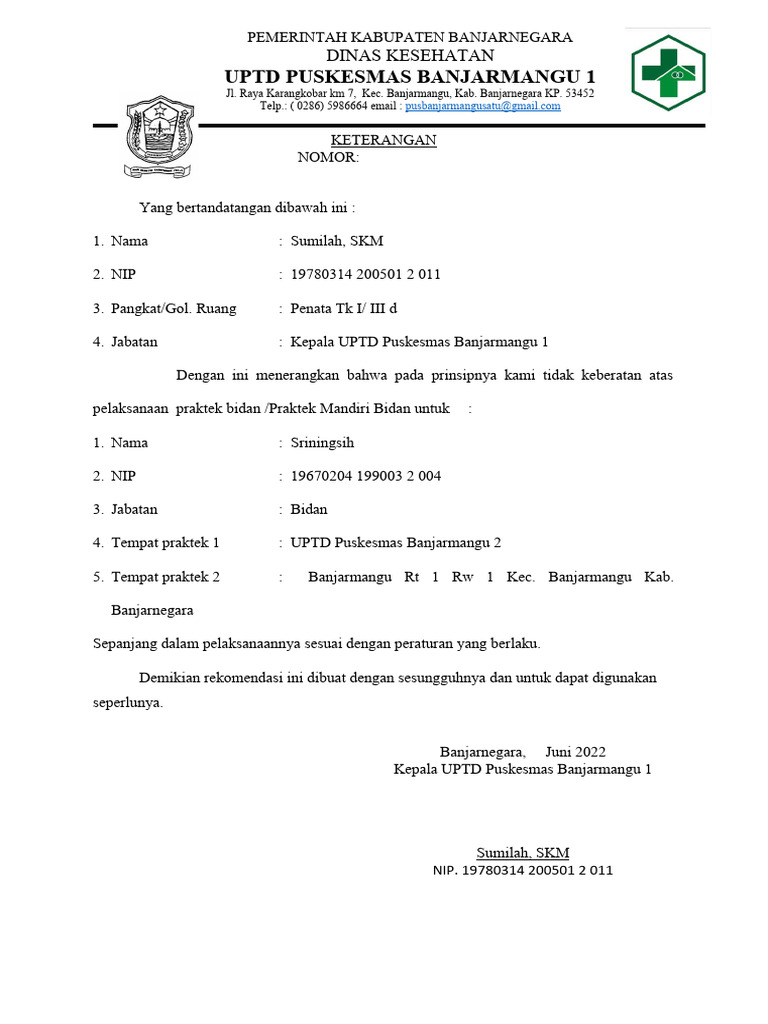 Rekom Puskesmas Banjarmangu 1 Bu Ning | PDF