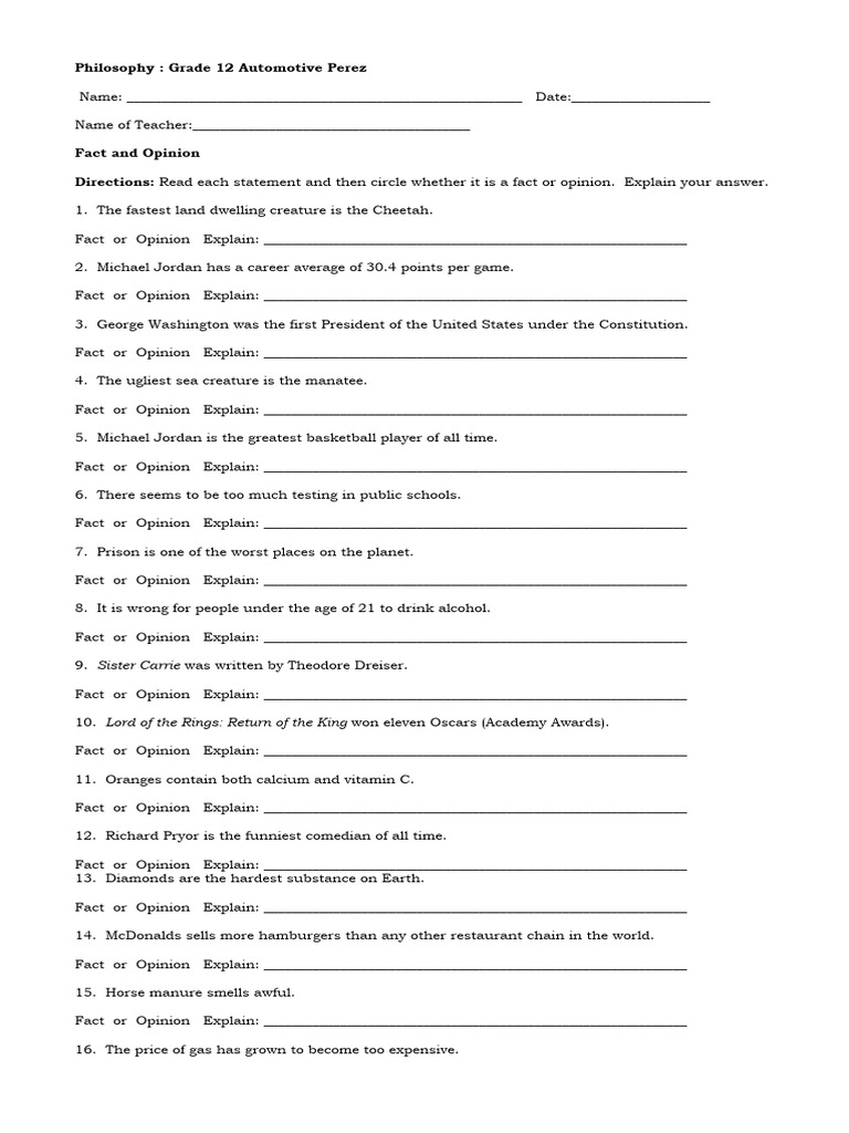 Fact and Opinion Worksheet | PDF