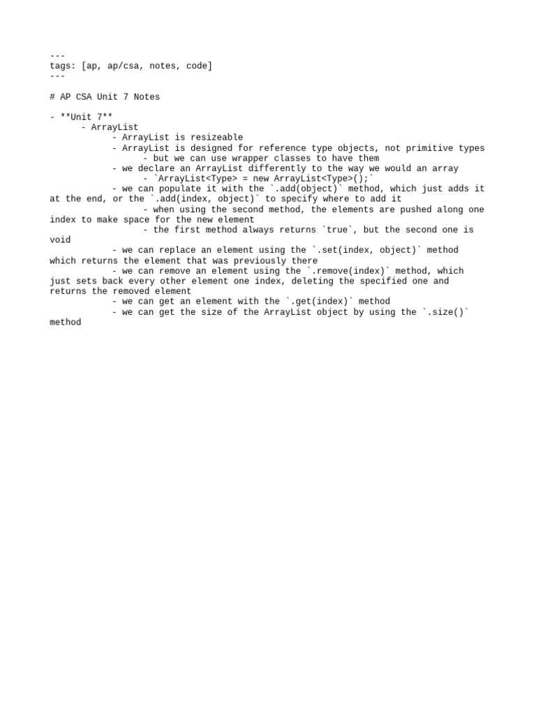 Ap Csa Unit 7 Notes Pdf