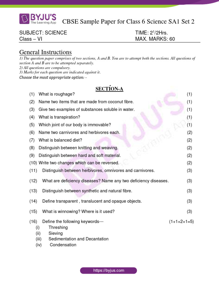 CBSE Sample Paper Class 6 Science SA1 Set 2 | PDF
