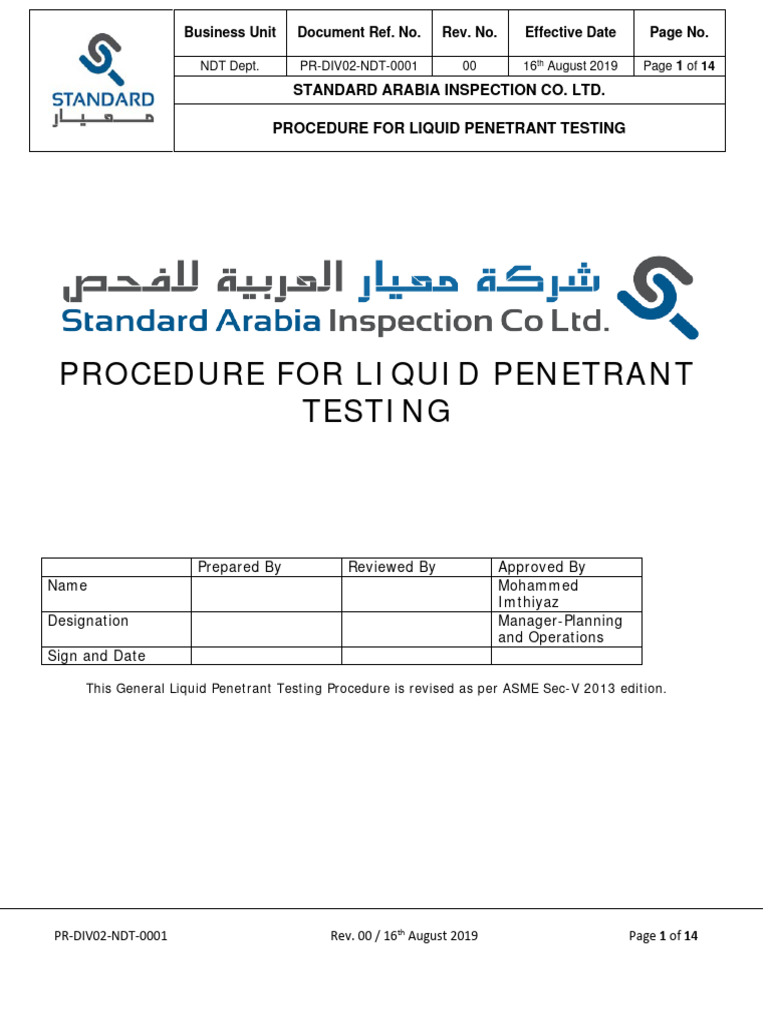 Pr Div02 Ndt 0001 Lpt Procedure | PDF