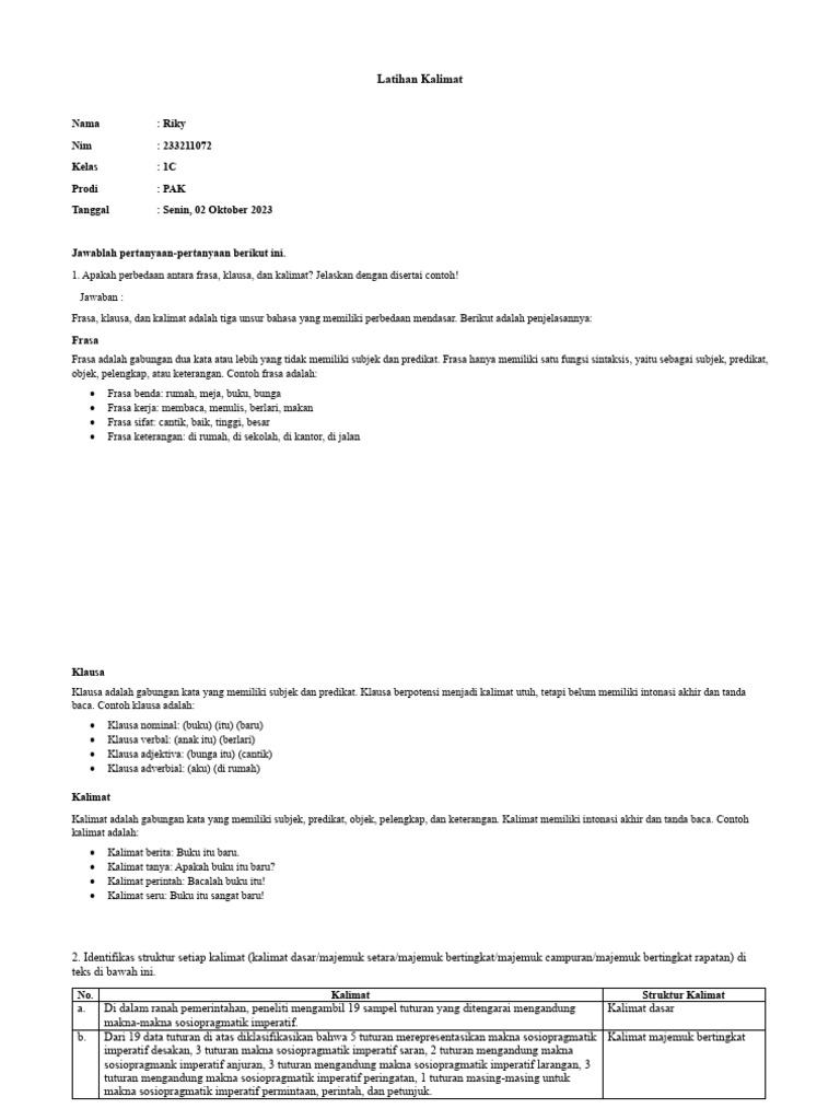 Latihan Kalimat | PDF | Seni & Disiplin Bahasa | Kajian Bahasa Asing