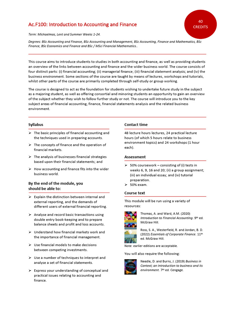 2023-2024 Accounting and Finance Modules | PDF