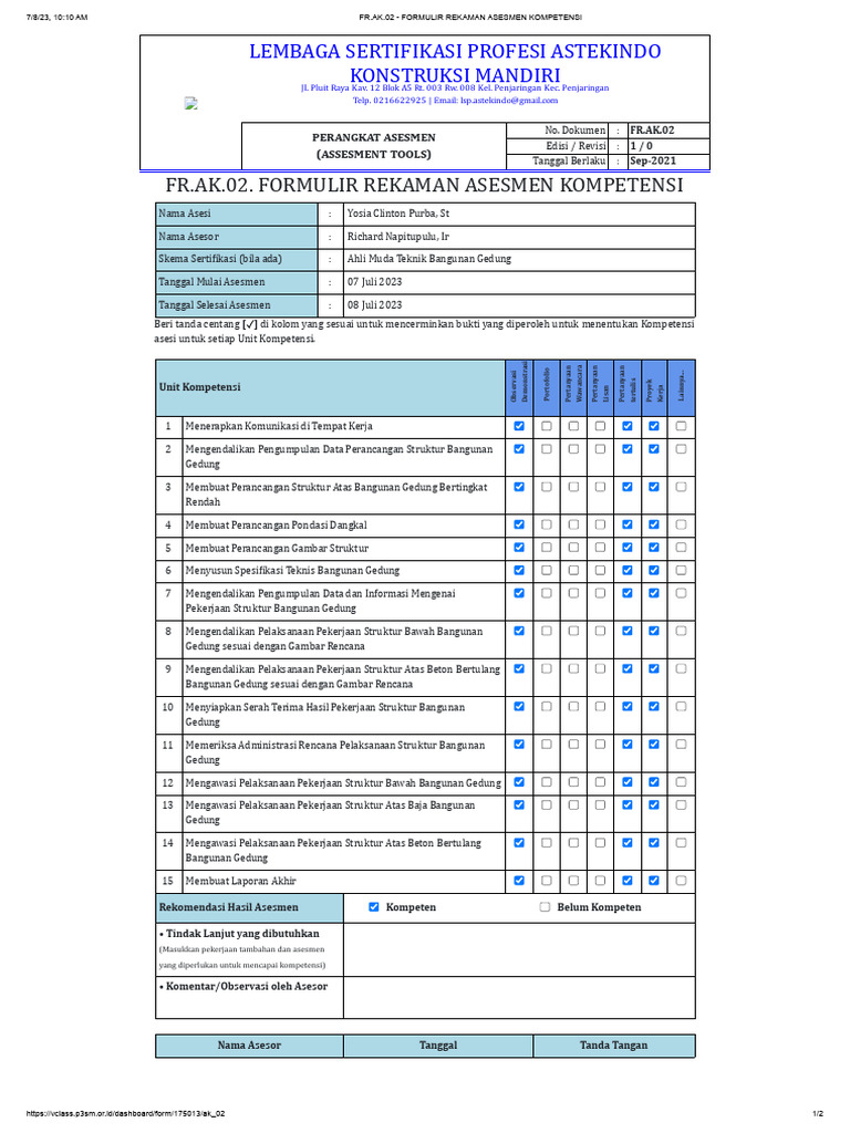 FR - Ak.02 - Formulir Rekaman Asesmen Kompetensi | PDF