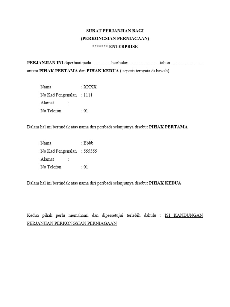 Surat Perjanjian Perkongsian Perniagaan | PDF