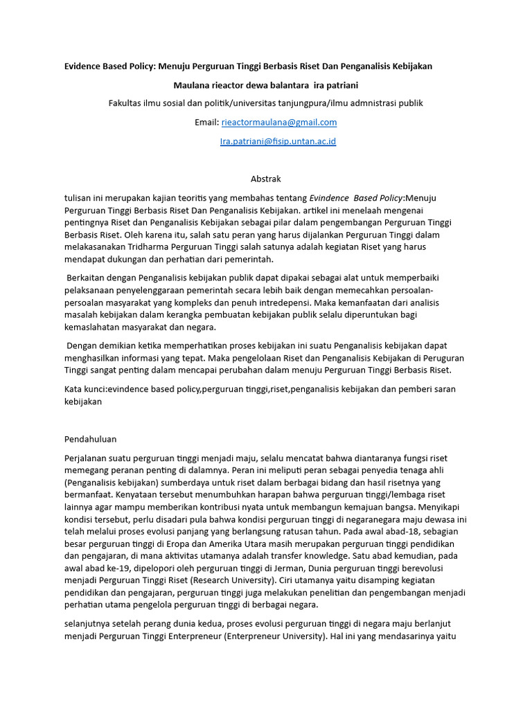 Jurnal Evidence Based Policy Menuju Perguruan Tinggi Berbasis Riset ...