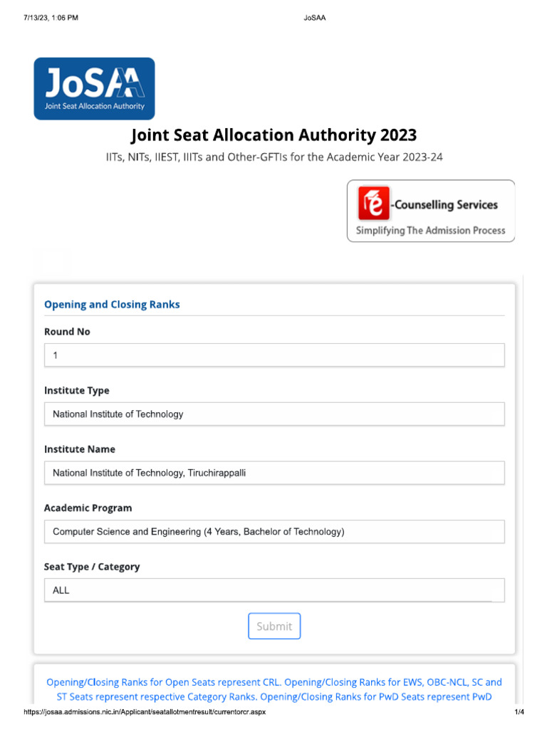 Nit Trichy Cse 2023 Cutoff Round 1 | PDF