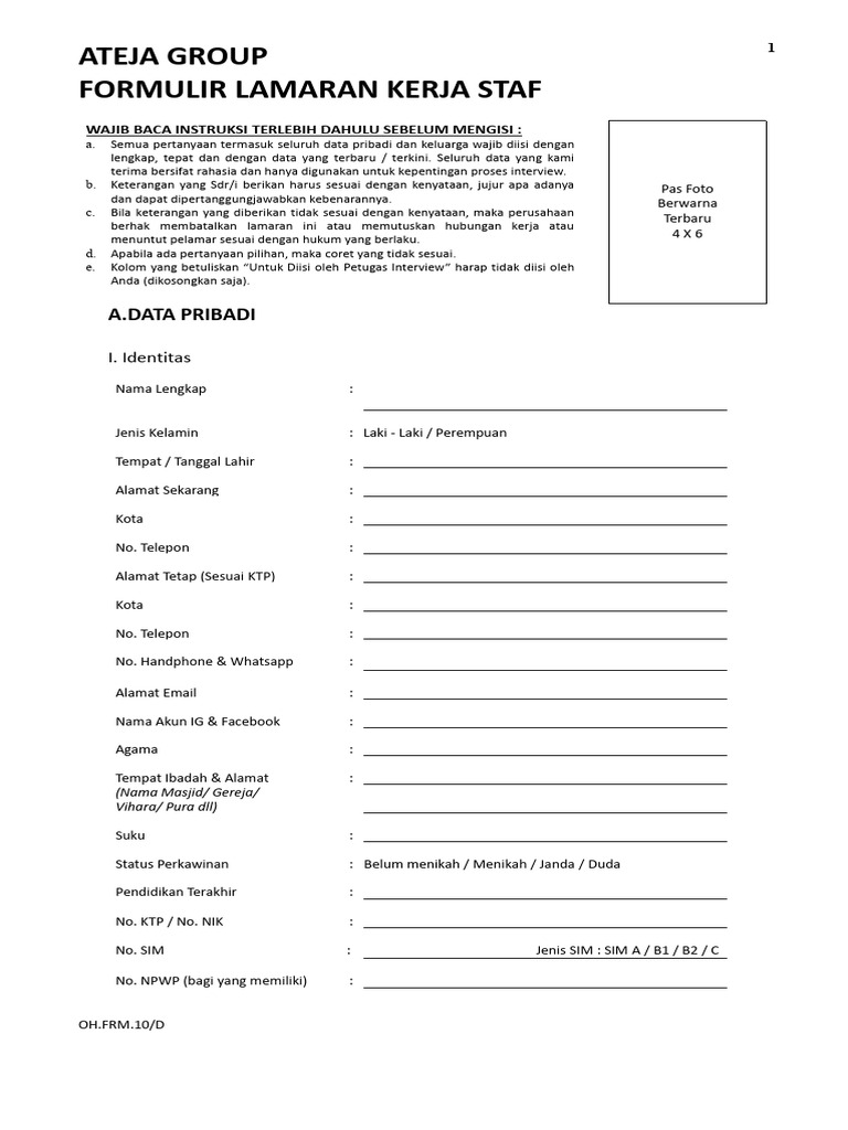 Form Lamaran Kerja Staf | PDF