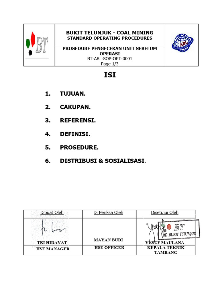 Sop-Opt-0001 - Pengecekan Unit Sebelum Operasi | PDF