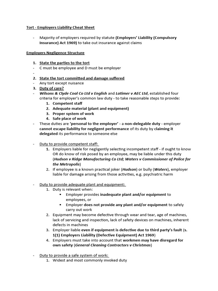 Tort - Employers Liability Cheat Sheet | PDF | Law