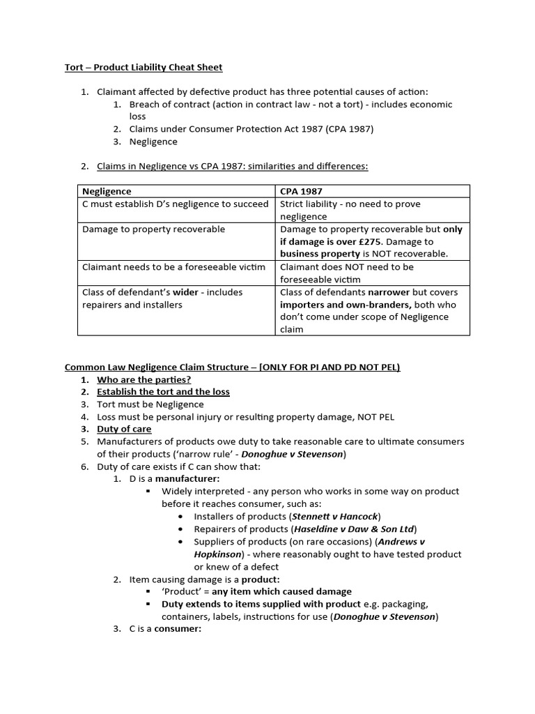 Tort - Product Liability Cheat Sheet | PDF