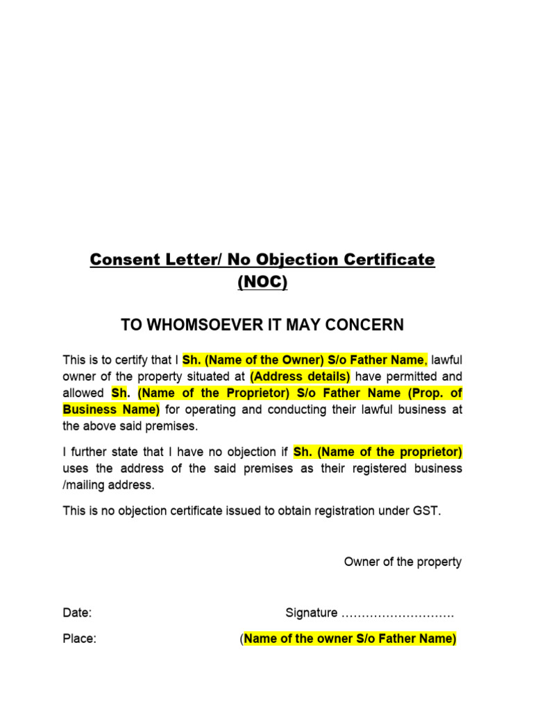 Consent Letter (Noc) Letter For GST 2023 | PDF