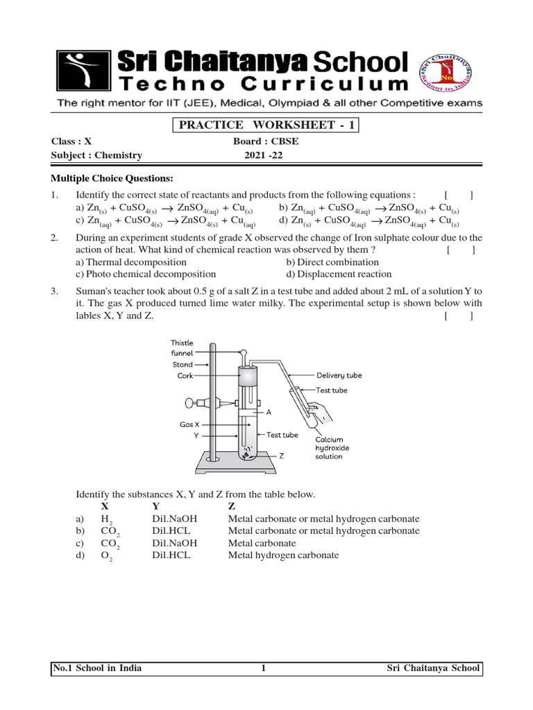 CBSE Chemistry Practice Worksheet-1 | PDF