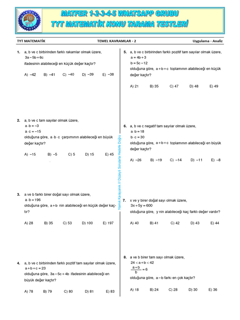 Matfer Tyt Temel Kavramlar Test 2 Ve Cevap Anahtari Pdf