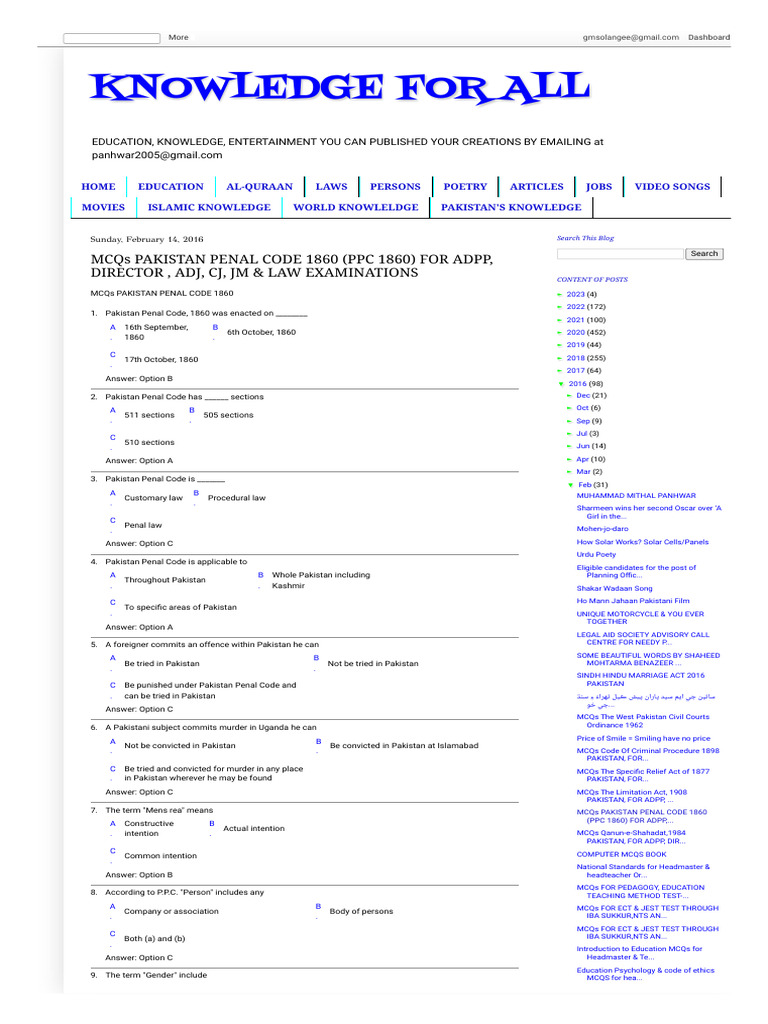 MCQs PAKISTAN PENAL CODE 1860 | PDF