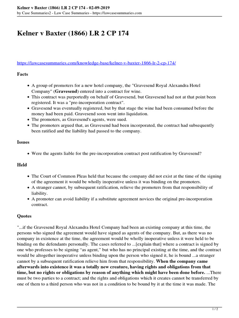 Kelner V Baxter 1866 LR 2 CP 174 | PDF