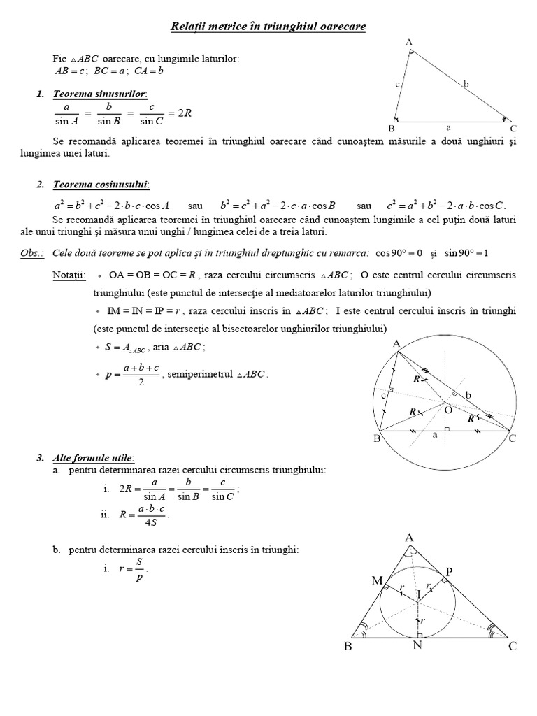 Relatii Metrice in Triunghiul Oarecare | PDF