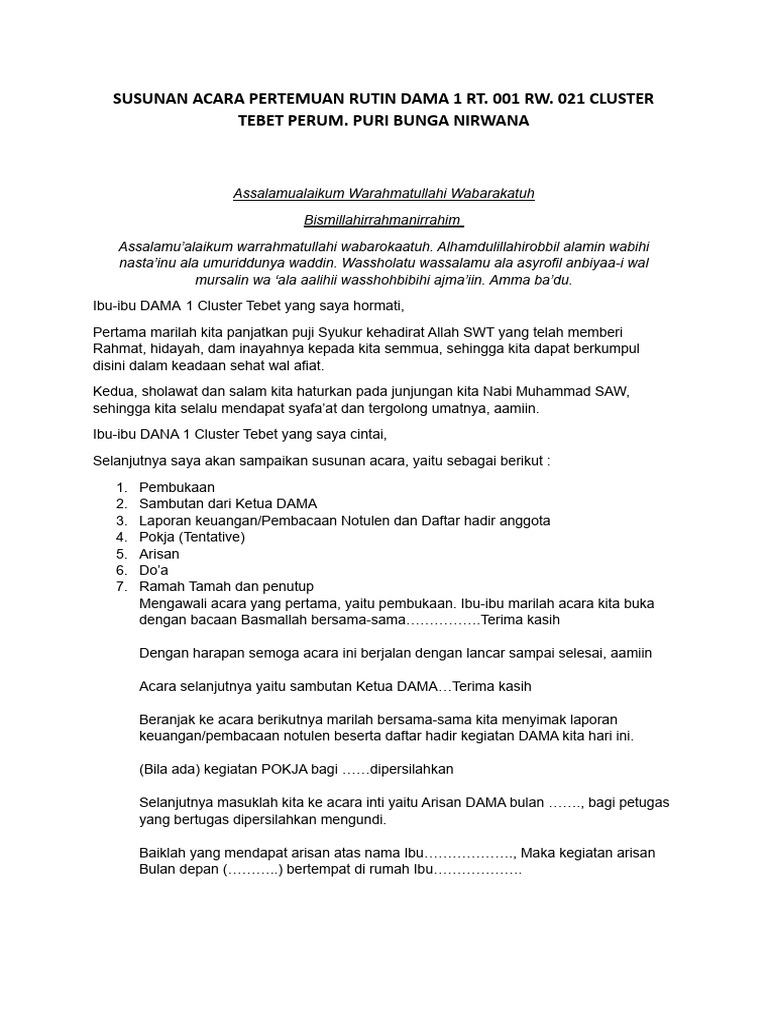 Susunan Acara Pertemuan Rutin Dama 1 RT | PDF