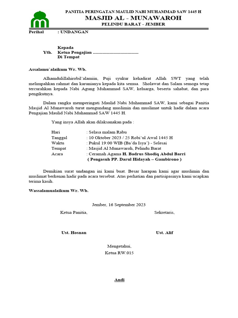 Contoh Undangan Maulid Nabi Dari Masjid 1 A4 | PDF