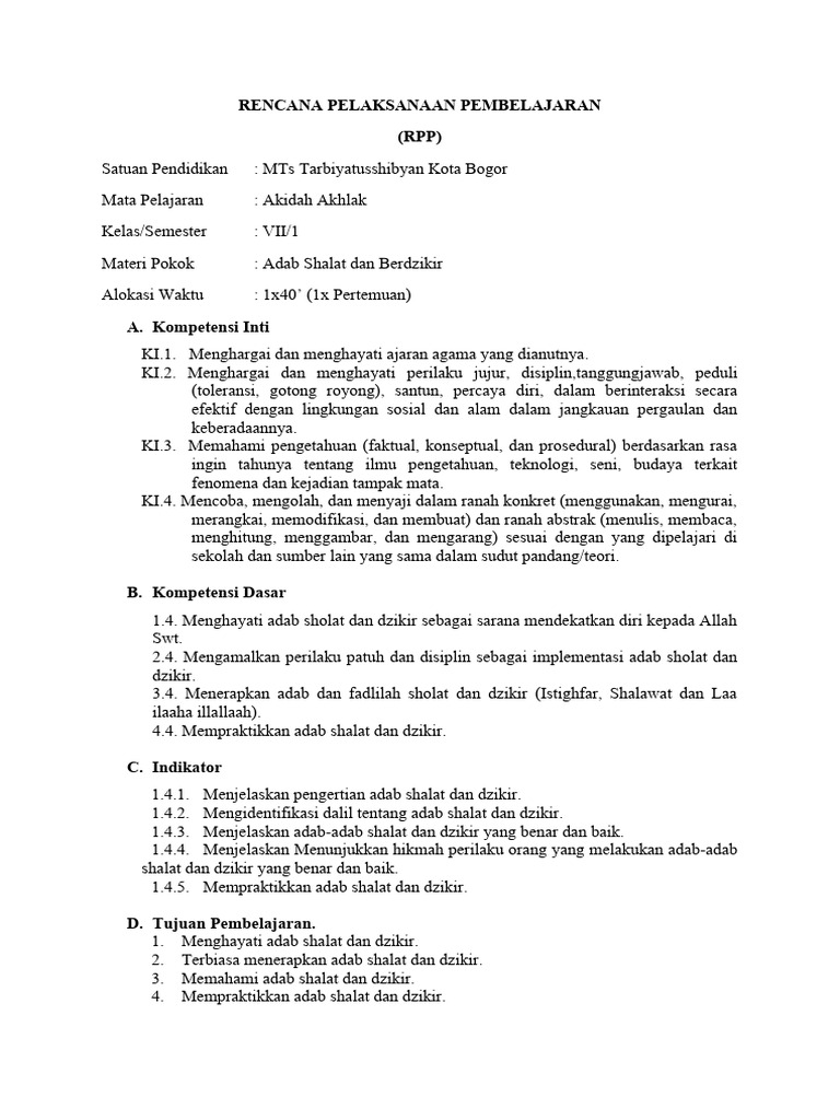 RPP Akidah Akhlak Kelas 7 (Adab Sholat Dan Dzikir) | PDF