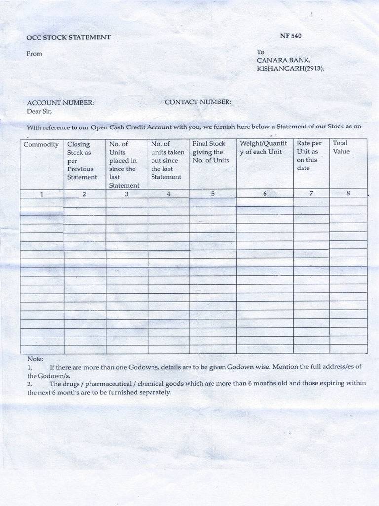 Canara Bank OCC Stock Statement NF-540 | PDF