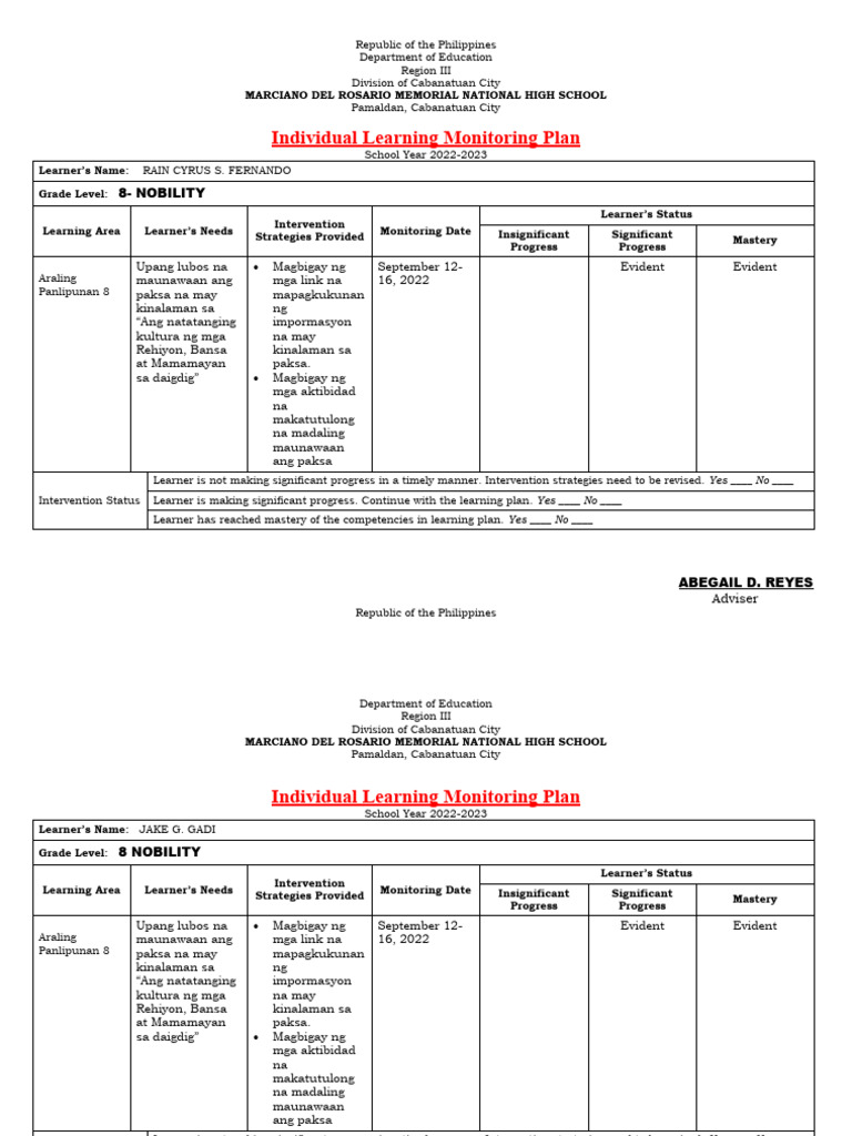 Individual Learning Monitoring Plan | PDF
