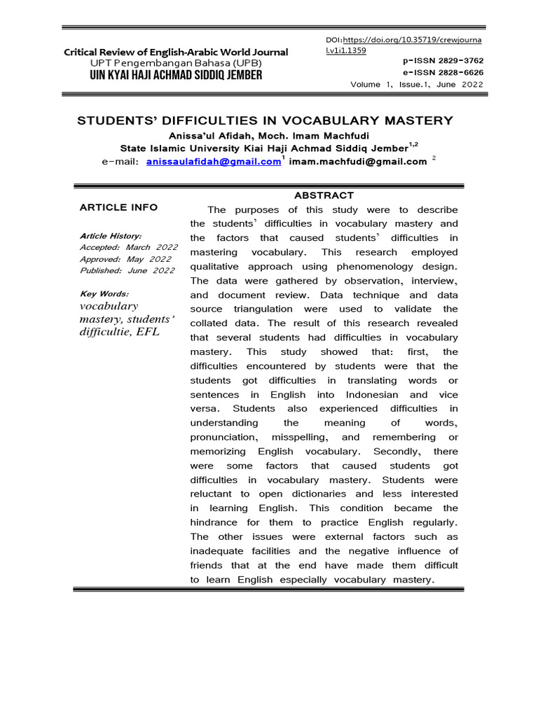 Students' Difficulties in Vocabulary Mastery | PDF