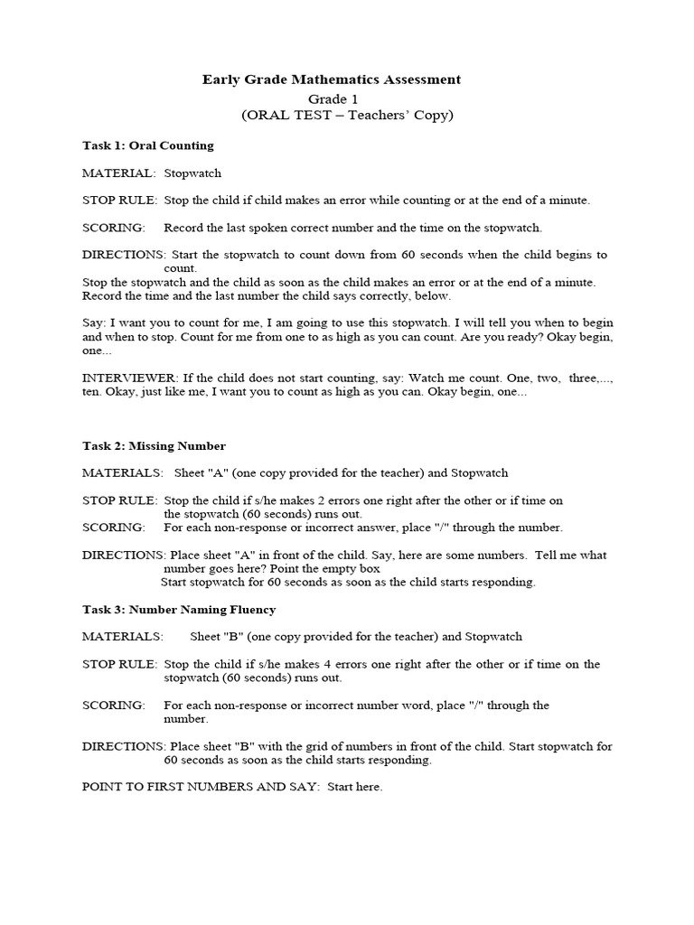 Grade 1 Oral Math Assessment Guide | PDF | Teaching Methods & Materials