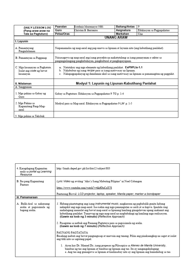 EsP DLL 9 1st Q. 1st - 4th Days | PDF