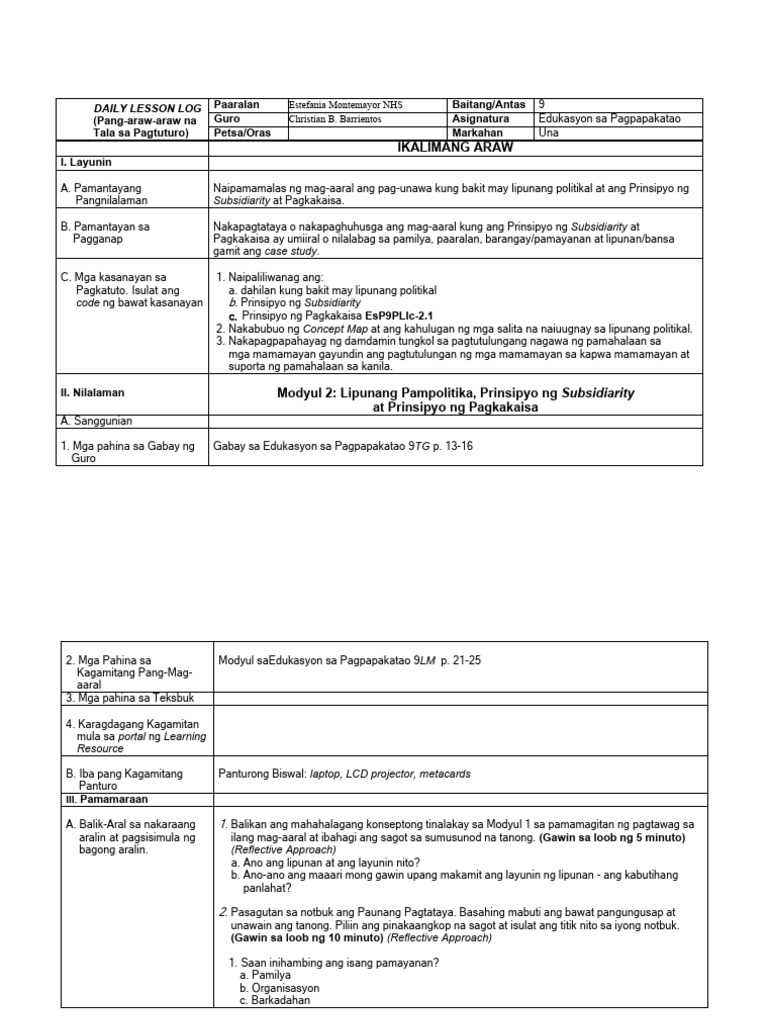 EsP DLL 9 1st Q. 9 5th - 8th Days | PDF