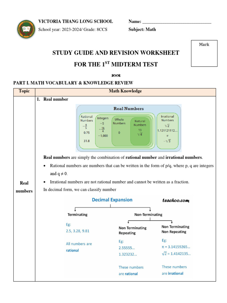 Grade 8 Math Midterm Study Guide | PDF