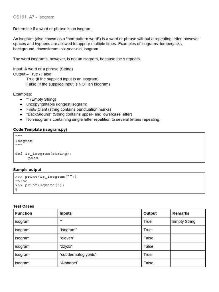 CS101. A7 - Isogram: Code Template (Isogram - Py) | PDF