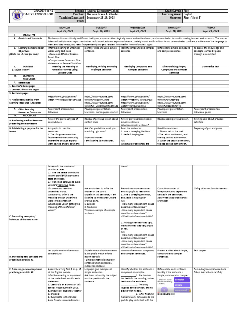 English 5 Q1 W5 Lesson Plan | PDF